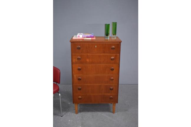 Teak 6 drawer chest with light plywood body | Happy face handles